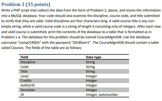 Solved Problem 3 (35 points) Write a PHP script that | Chegg.com