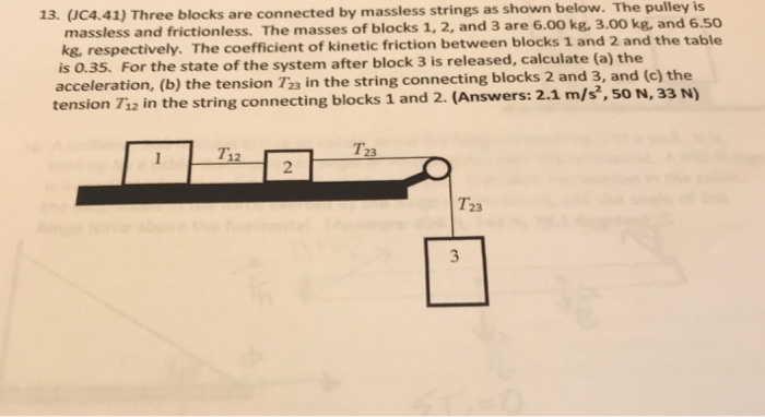 Solved 13. (JC4.41) Three blocks are connected by massless | Chegg.com