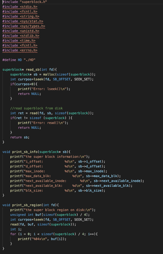 Superblock.c -- A simple program to display the | Chegg.com