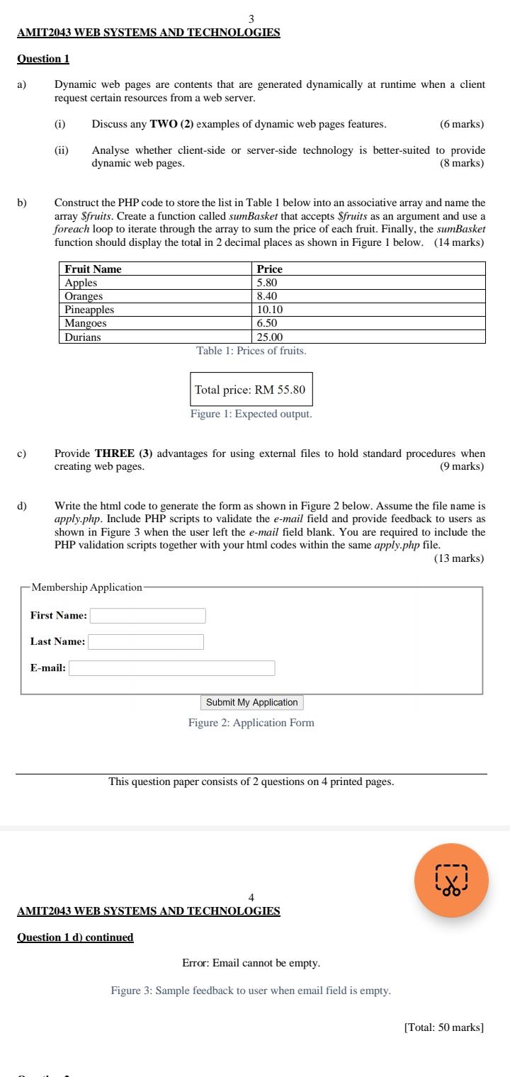 Solved AMIT2043 WEB SYSTEMS AND TECHNOLOGIES Question 1 a) | Chegg.com
