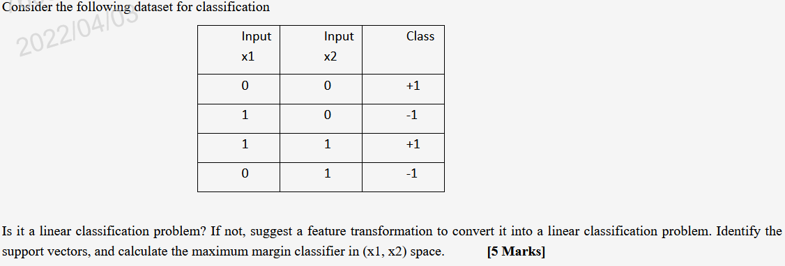 Consider the following dataset for classification | Chegg.com