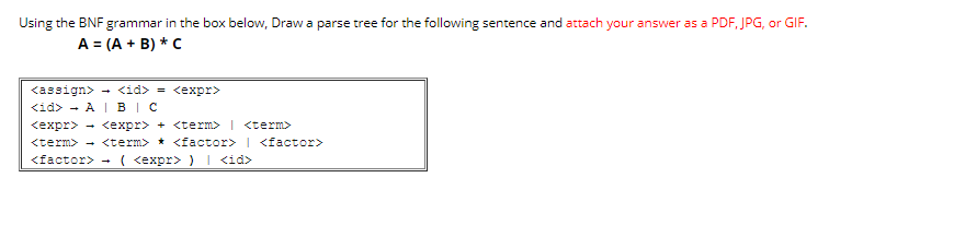 Solved Using the BNF grammar in the box below, Draw a parse | Chegg.com