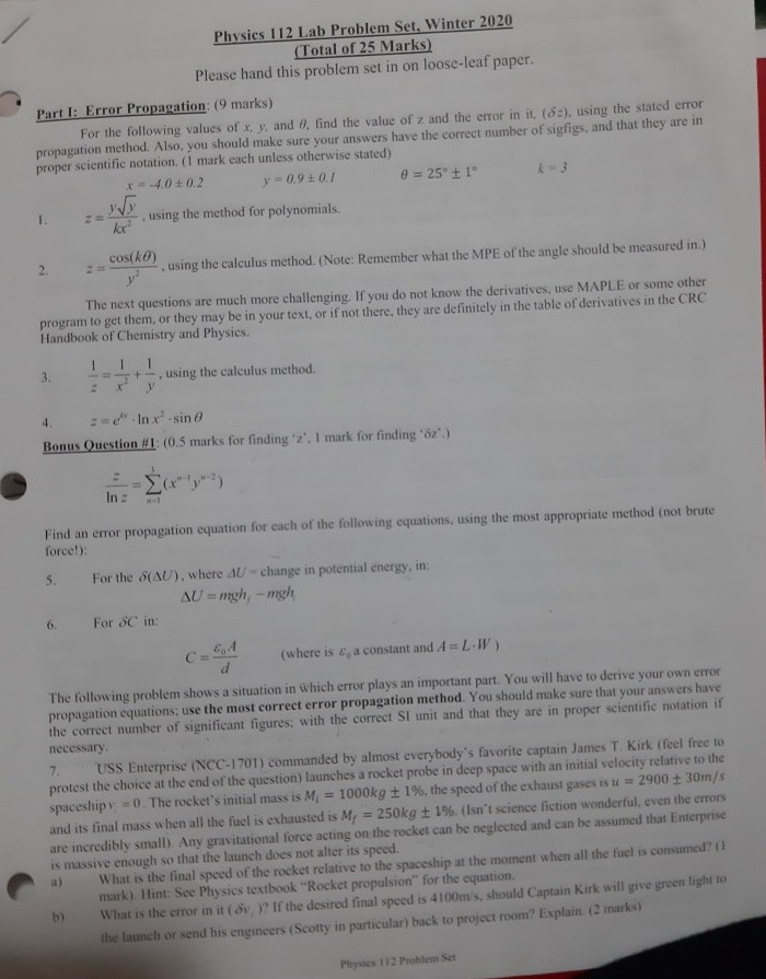 Physics 112 Lab Problem Set, Winter 2020 Total of 25 | Chegg.com