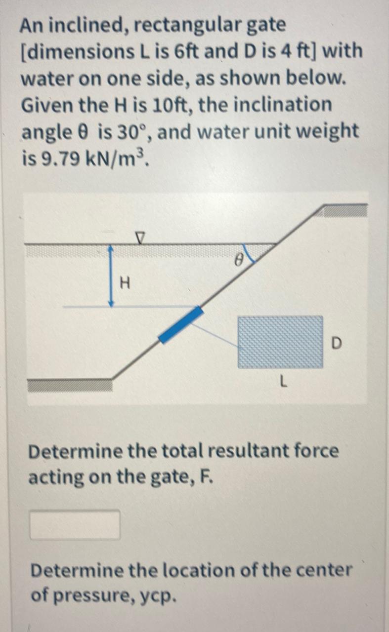 Solved An inclined, rectangular gate [dimensions Lis 6ft and | Chegg.com