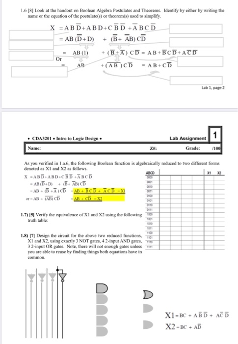 Solved 1.6 [8] Look at the handout on Boolean Algebra | Chegg.com