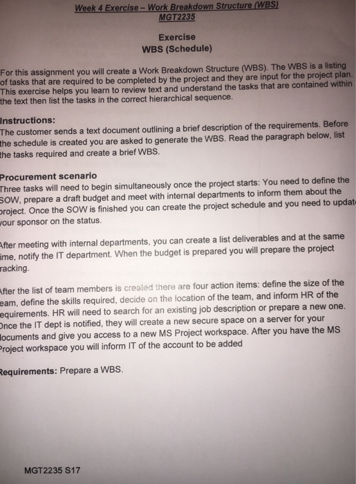 Week 4 Exercise- Work Breakdown Structure WBS MGT2235 | Chegg.com