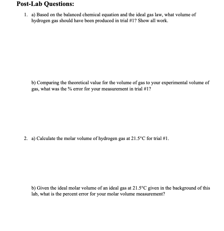 Solved Molar Volume of an Ideal Gas Data: Trial #1 Trial #2 | Chegg.com