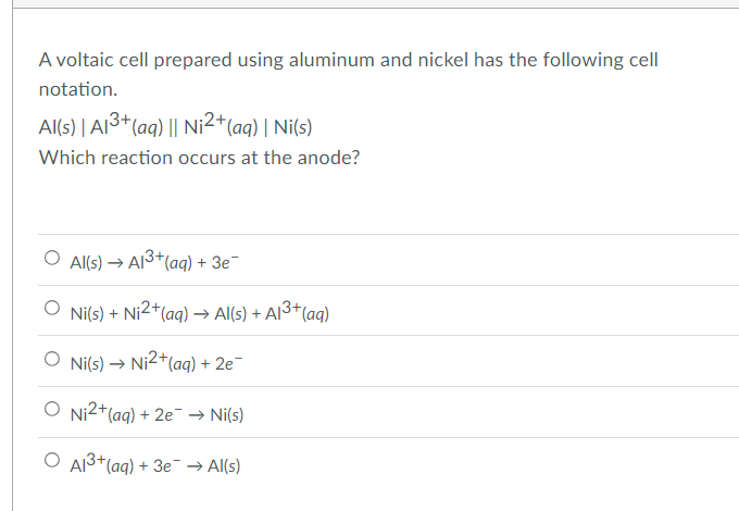 [Solved]: A voltaic cell prepared using aluminum and nickel