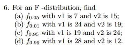 Solved 6. For an F-distribution, find (a) f0.05 with v1 is 7 | Chegg.com