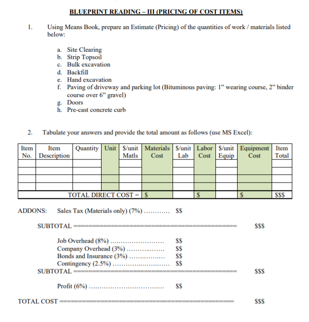 BLUEPRINT READING - III (PRICING OF COST ITEMS) Using | Chegg.com