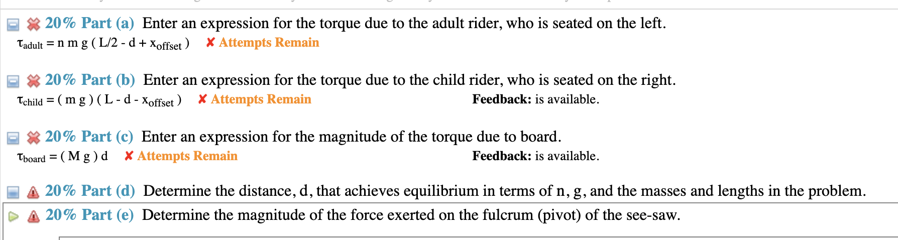 Solved Enter an expression for the torque due to the adult | Chegg.com