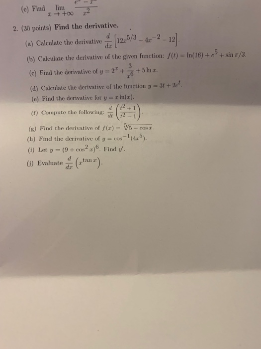 Solved 2. (30 points) Find the derivative. (e) Calculate the | Chegg.com
