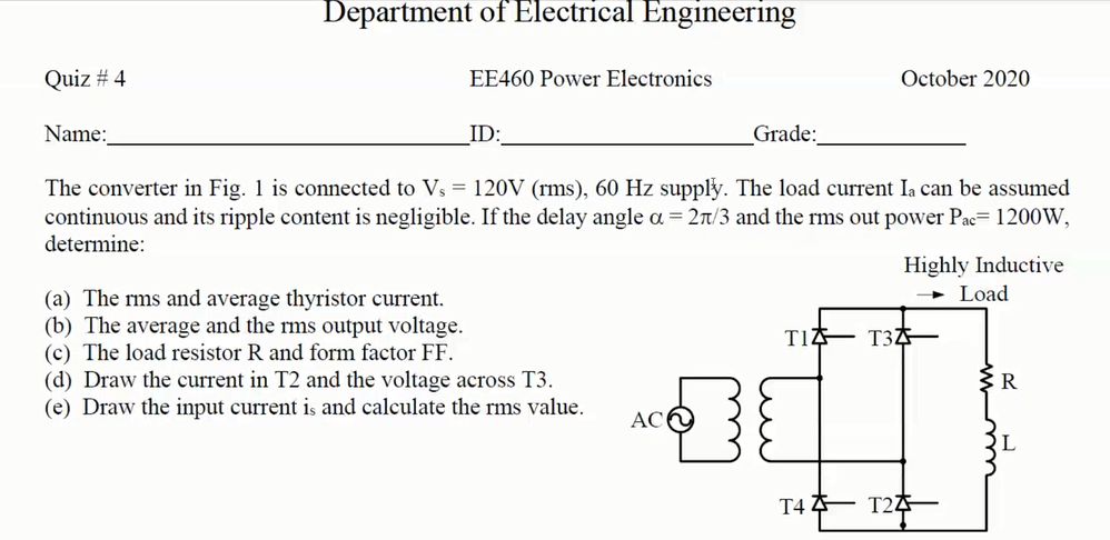 Solved Department of Electrical Engineering Quiz # 4 EE460 | Chegg.com