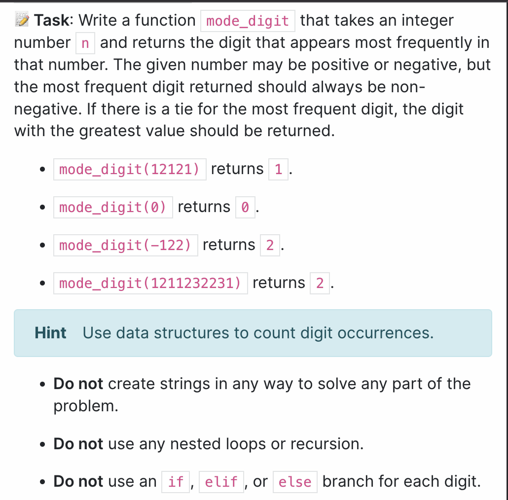 Solved n Task: Write a function mode_digit that takes an | Chegg.com