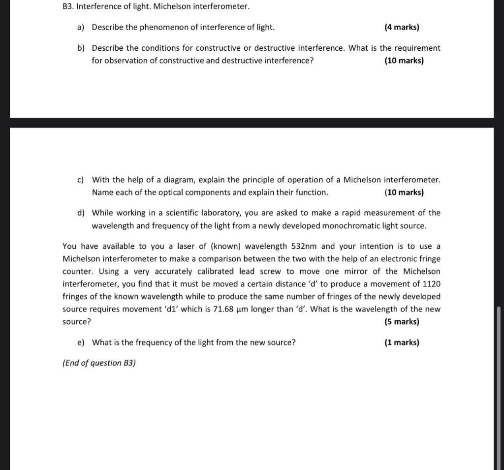 Solved B3. Interference of light. Michelson interferometer. | Chegg.com