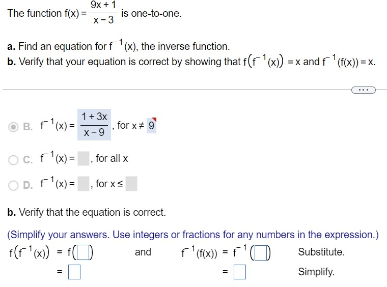 Solved The function f(x)=x−39x+1 is one-to-one. a. Find an | Chegg.com