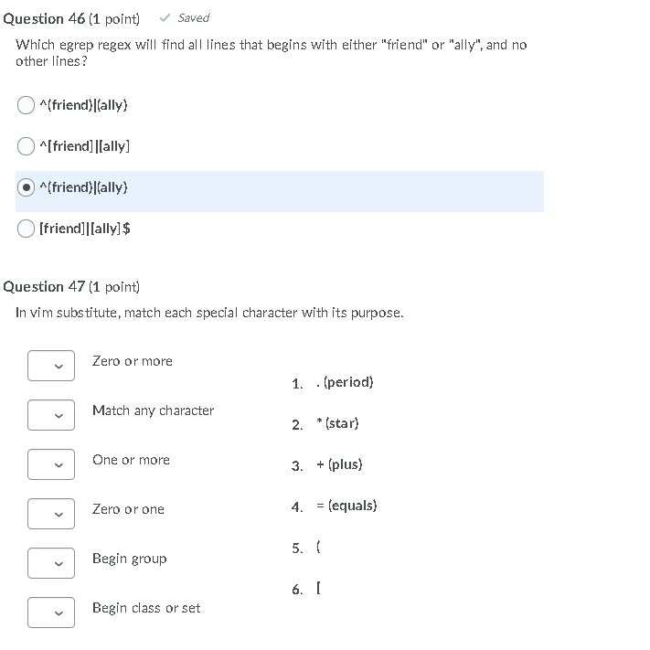 Solved Question 46 (1 point) Saved Which egrep regex will | Chegg.com