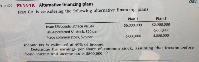 Solved OBJ. 1 p.679 PE 14-1A Alternative financing plans | Chegg.com