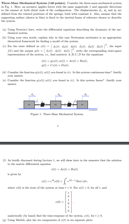 Solved Three-Mass Mechanical System (140 points). Consider | Chegg.com