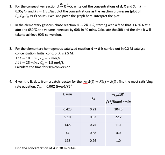 Solved 1. For the consecutive reaction A-Rs, write out the | Chegg.com