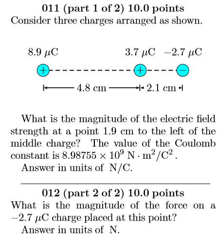Solved 011 (part 1 of 2) 10.0 points Consider three charges | Chegg.com