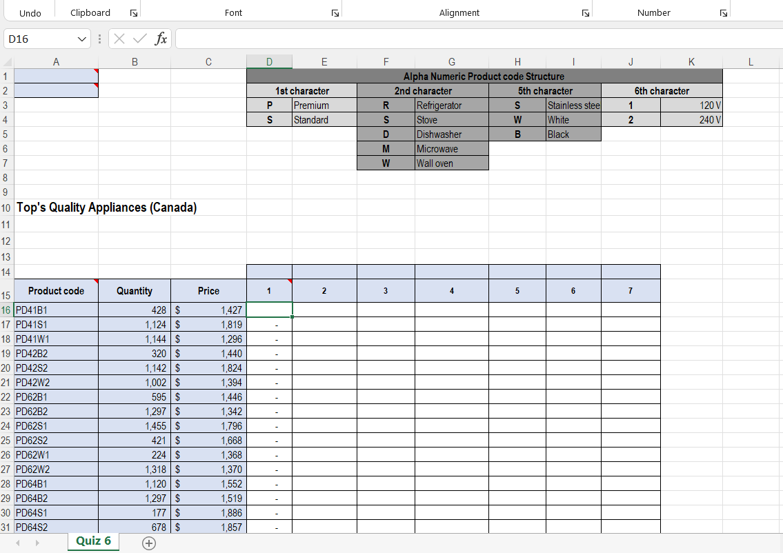 Solved In D16: Use the product code breakdown provided at | Chegg.com