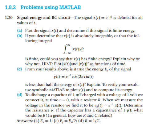 Solved 1.8.2 Problems using MATLAB 1.20 Signal energy and RC | Chegg.com