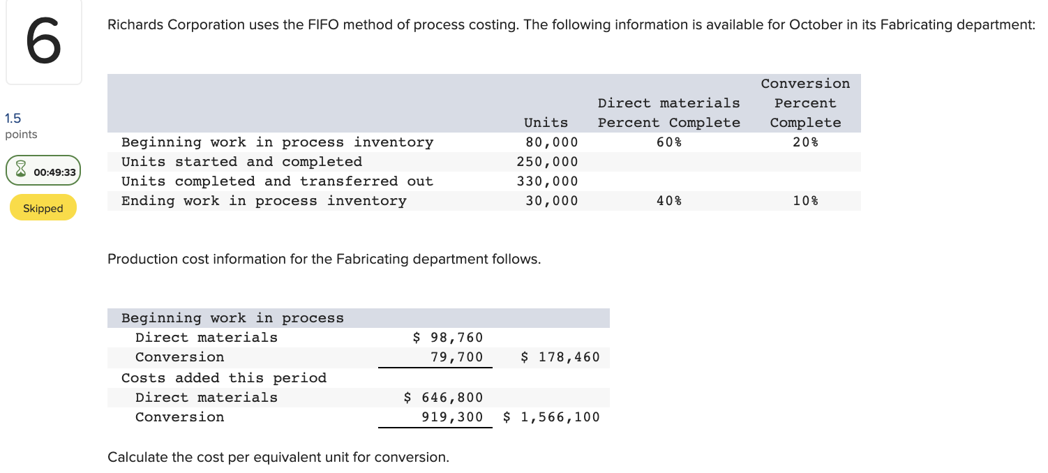 Solved Richards Corporation uses the FIFO method of process | Chegg.com