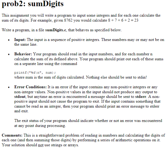 Solved prob2: sumDigits This assignment you will write a | Chegg.com