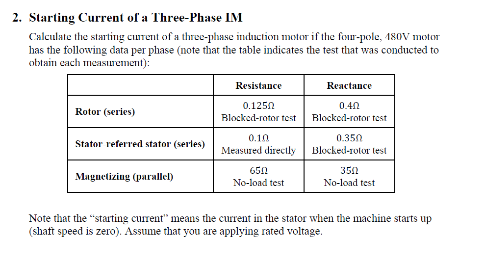 Solved Starting Current of a Three-Phase IM Calculate the | Chegg.com
