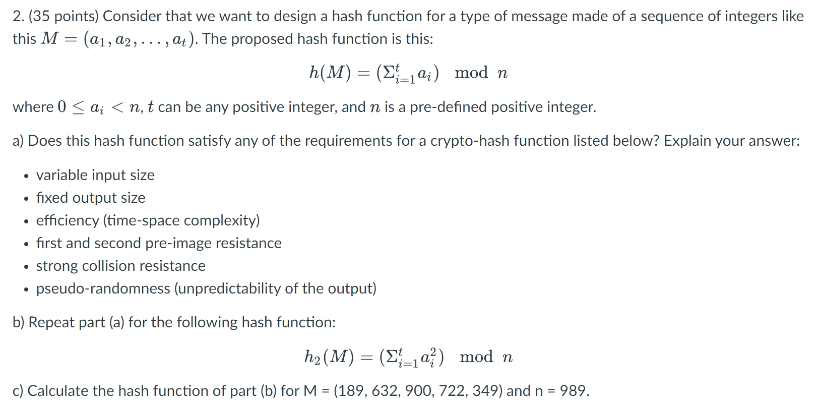 Solved 2. (35 points) Consider that we want to design a hash | Chegg.com