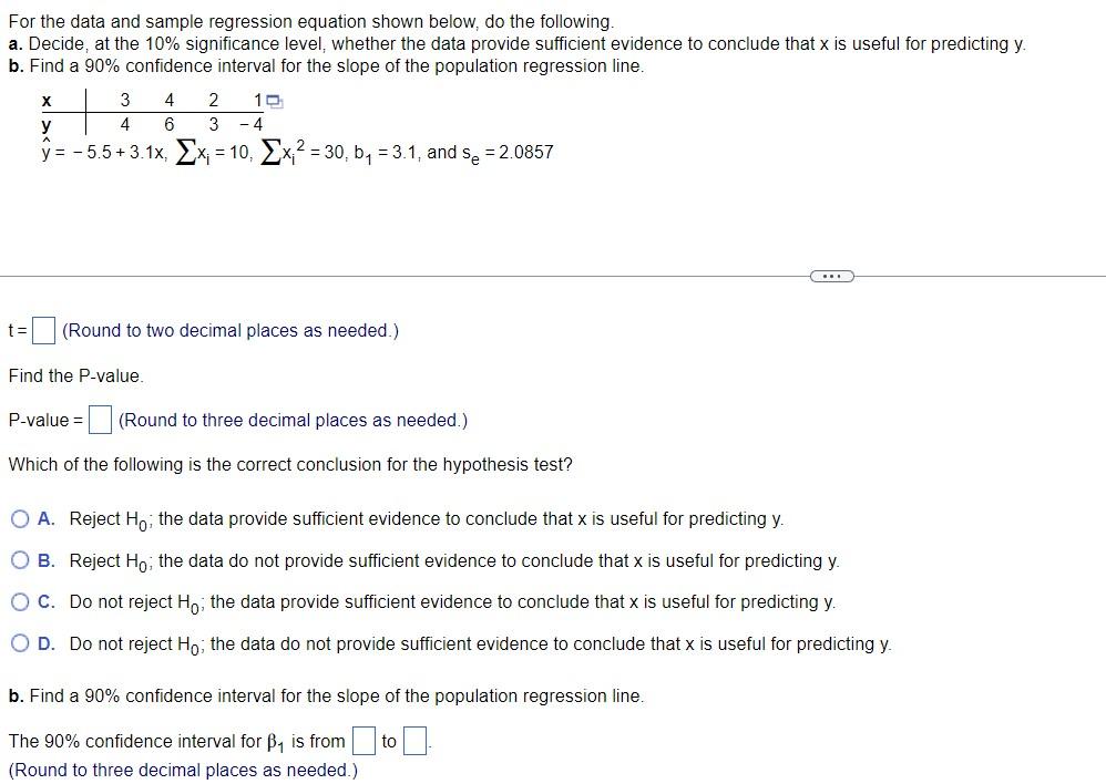 Solved For the data and sample regression equation shown | Chegg.com