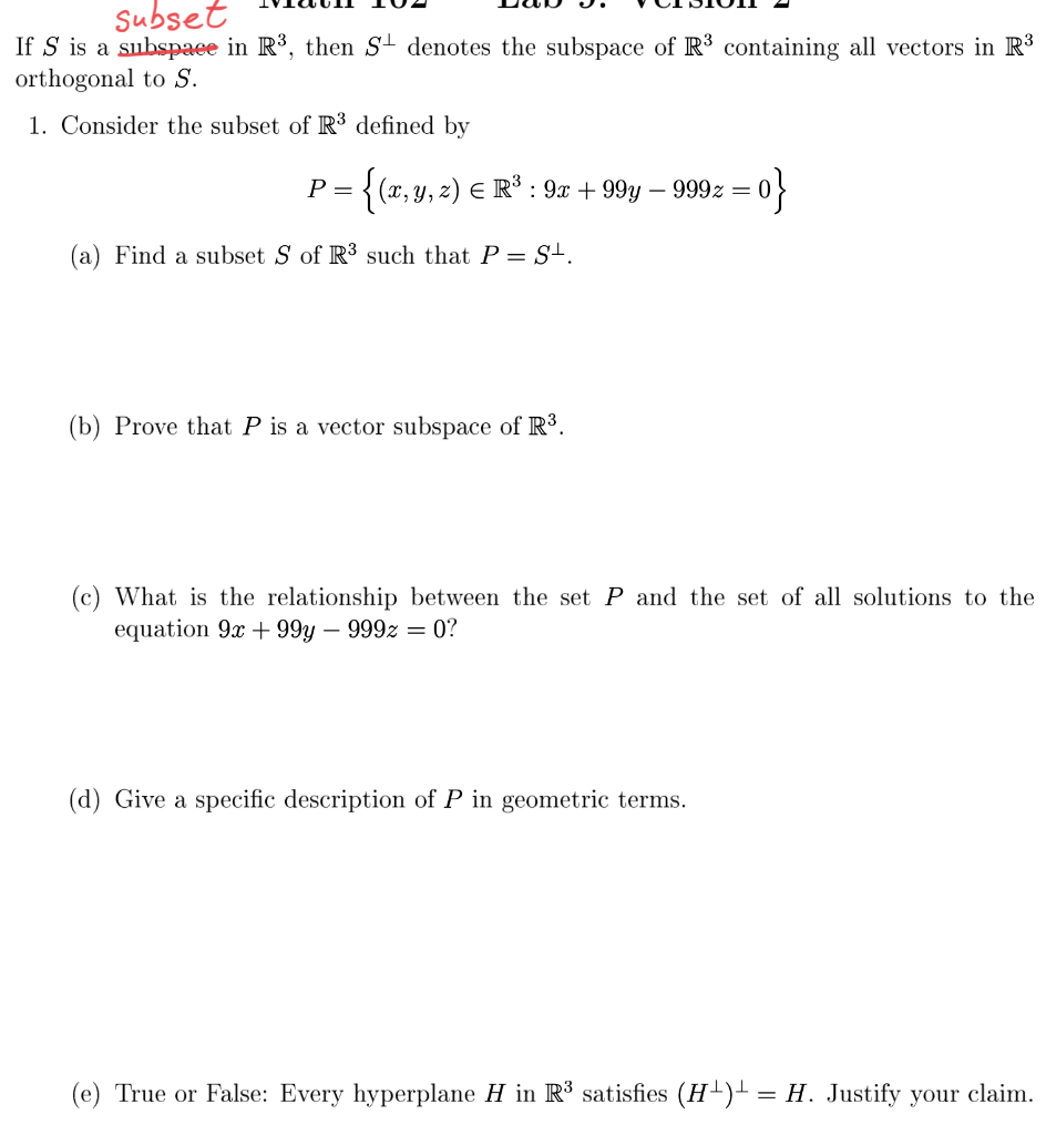 Solved subset If S is a subspace in R3, then st denotes the | Chegg.com