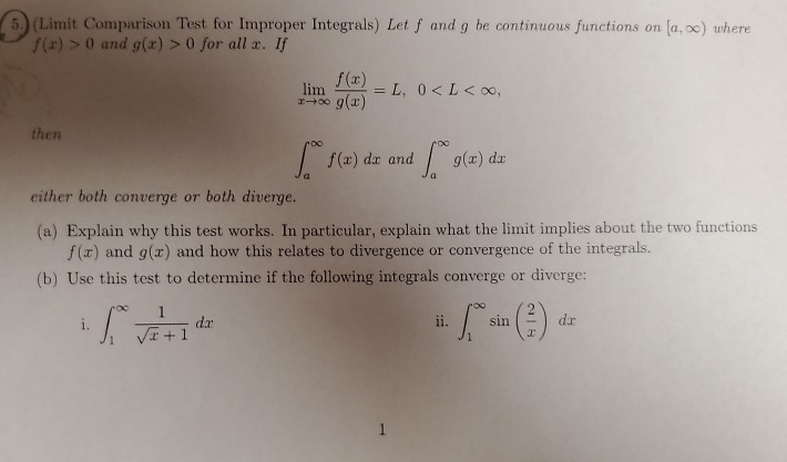 Solved 5. (Limit Comparison Test for Improper Integrals) Let | Chegg.com