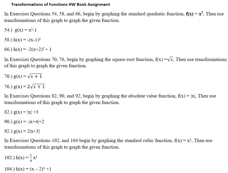 Solved Transformations of Functions HW Book Assignment In | Chegg.com