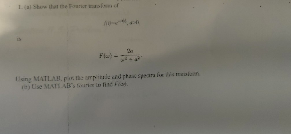 Solved 1. (a) Show that the Fourier transform of ft-e- >0, | Chegg.com