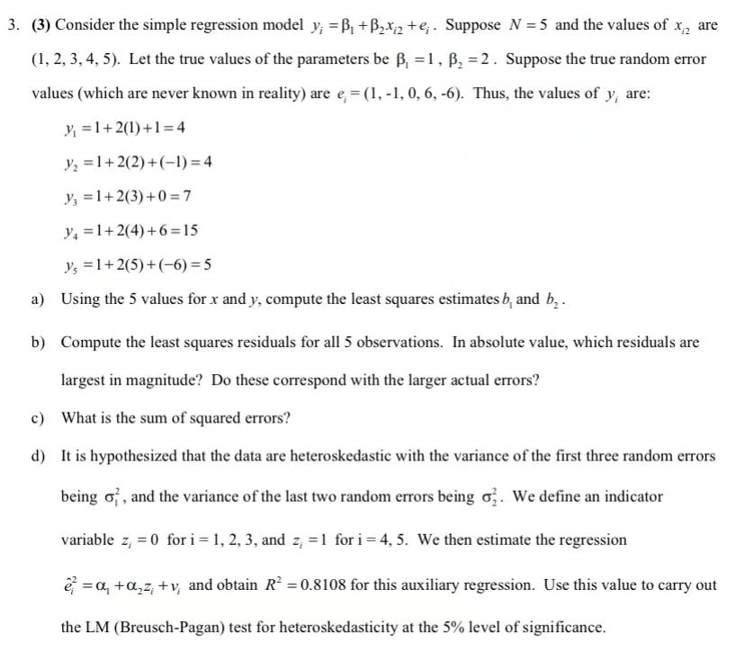 3. (3) Consider the simple regression model y; = B. | Chegg.com