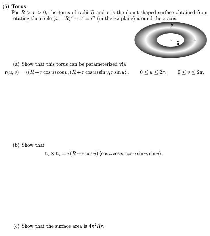 Solved (5) Torus For R>r>0, the torus of radii R and r is | Chegg.com