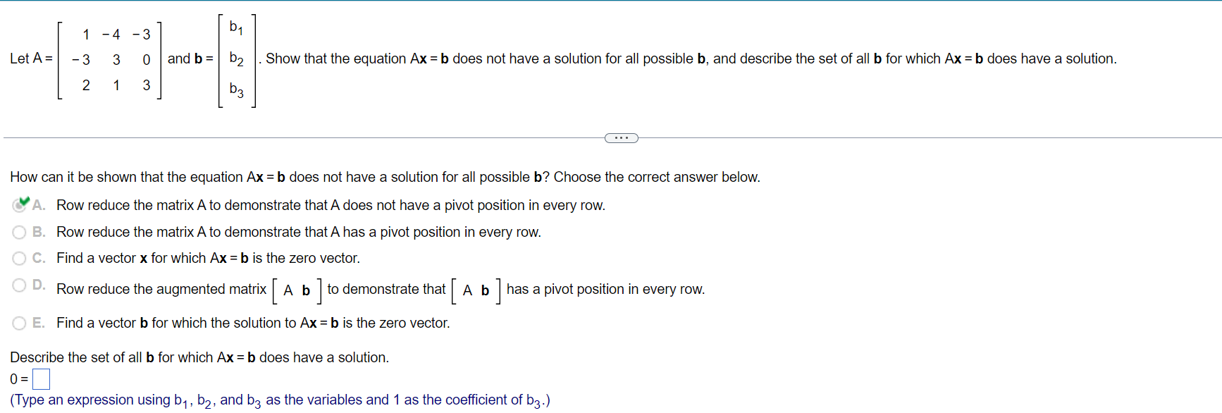 Solved Let A=⎣⎡1−32−431−303⎦⎤ and b=⎣⎡b1b2b3⎦⎤. Show that | Chegg.com