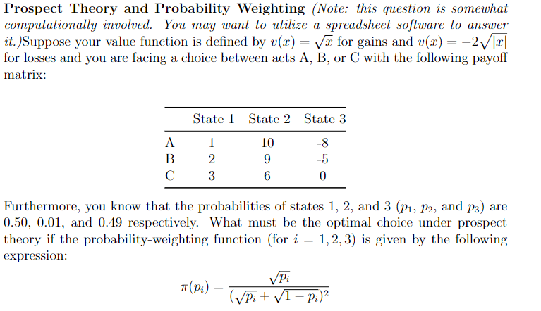 Solved Prospect Theory and Probability Weighting (Note: this | Chegg.com