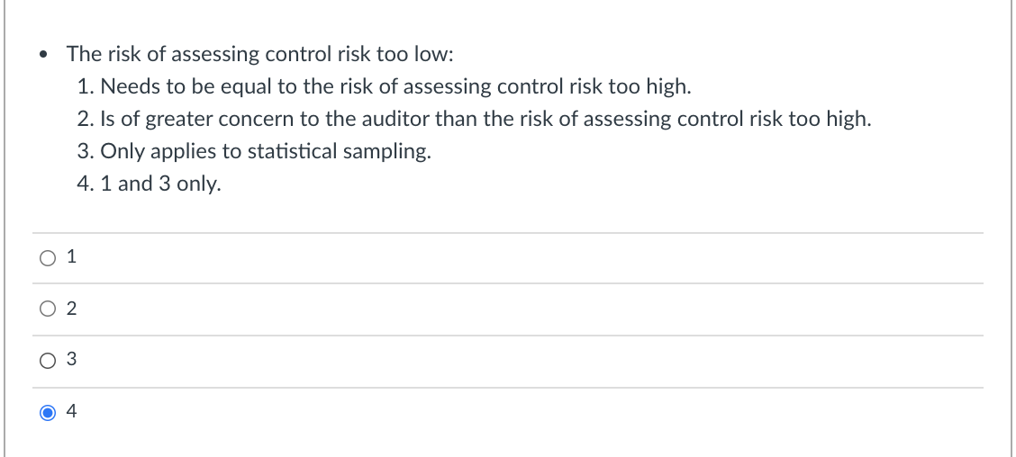Solved • The risk of assessing control risk too low: 1. | Chegg.com