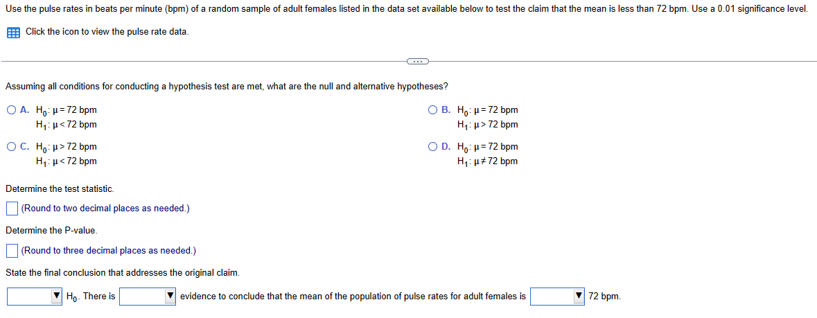 Solved Use the pulse rates in beats per minute (bpm) of a | Chegg.com