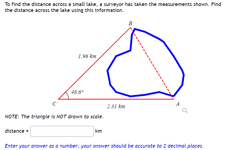 Solved To find the distance across a small lake, a surveyor | Chegg.com