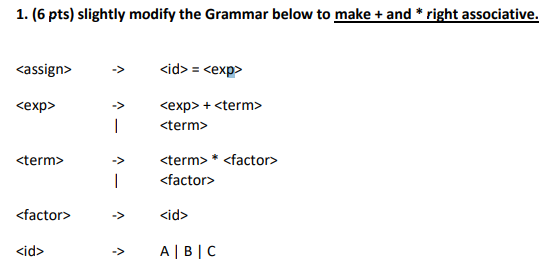 Solved 1. ( 6 pts) slightly modify the Grammar below to make | Chegg.com