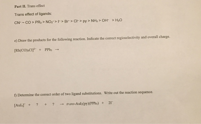 Solved Part II. Trans effect Trans effect of ligands e) Draw | Chegg.com