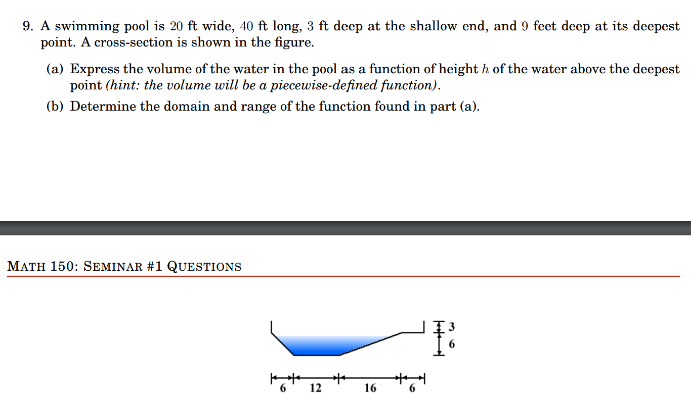 Solved 9. A swimming pool is 20ft wide, 40ft long, 3ft deep | Chegg.com