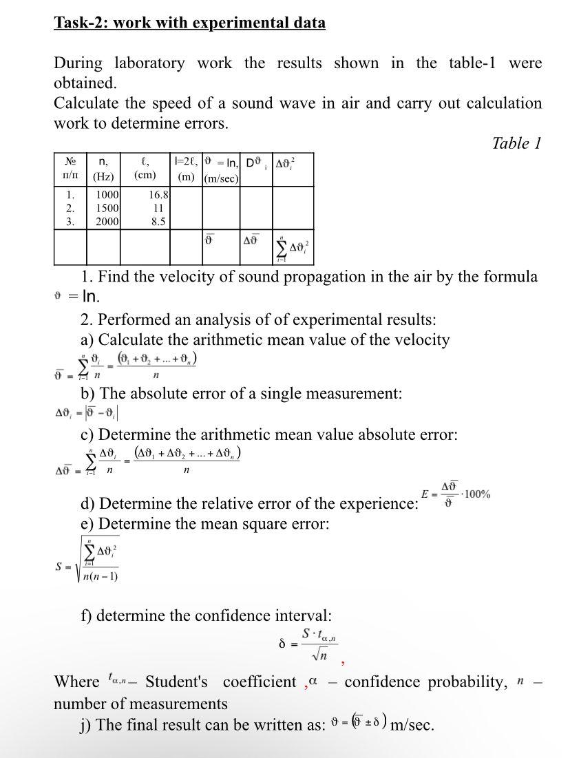 Solved Task-2: work with experimental data During laboratory | Chegg.com
