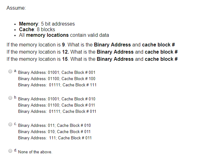 Solved Assume Memory: 5 bit addresses . Cache: 8 blocks All | Chegg.com