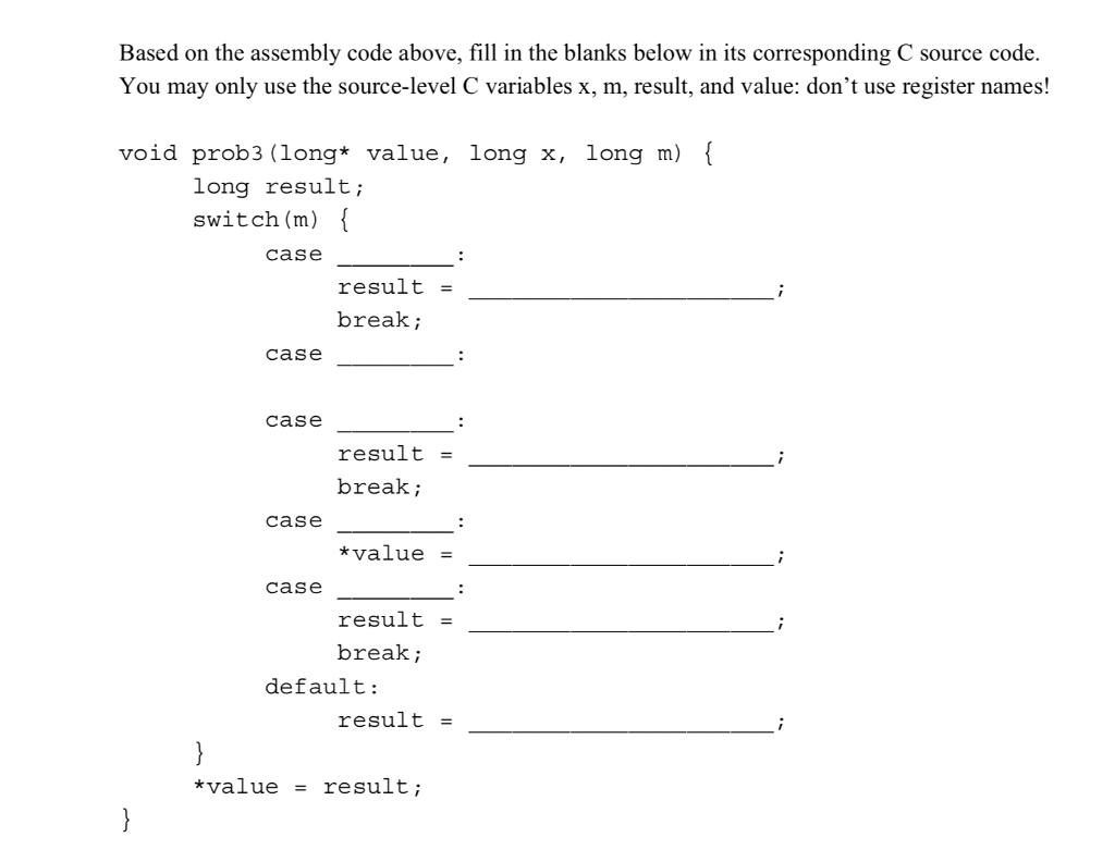 Solved Problem 3 (20 points) For a C function prob3 with the | Chegg.com