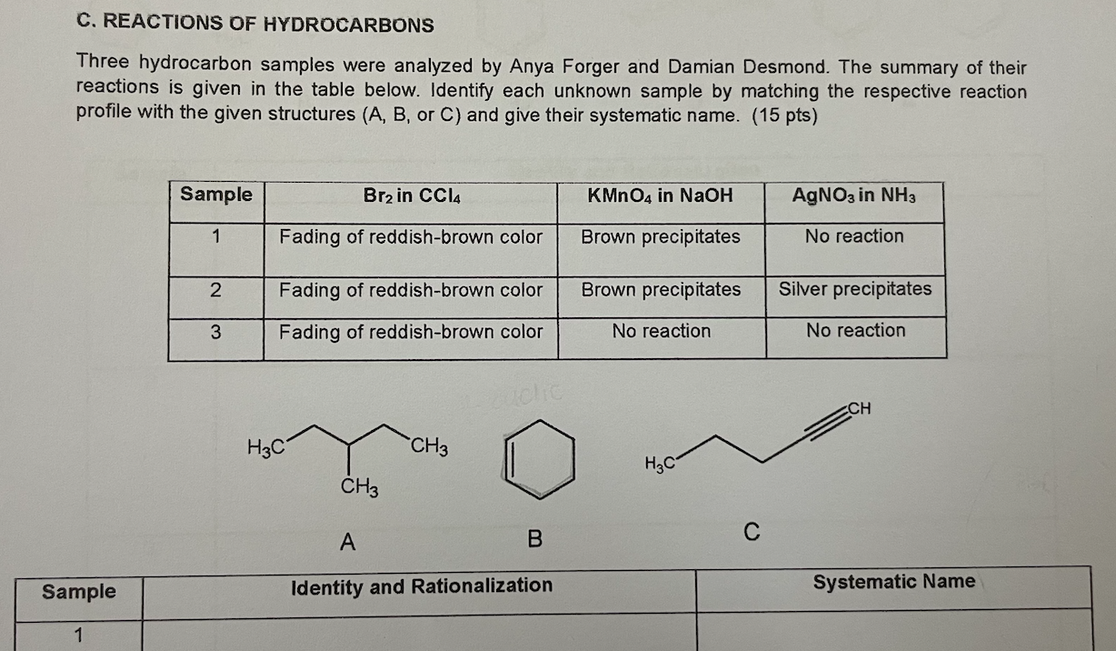 Solved C. REACTIONS OF HYDROCARBONS Three hydrocarbon | Chegg.com